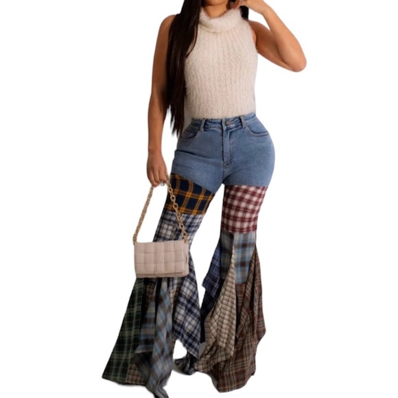 Jeans | New Denim And Patchwork Flare Bell Bottom Raw Hem Jean Pants ...